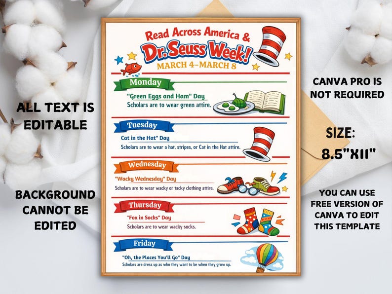 Editable Read Across America/ Dr. Seuss Spirit Week Template Flyer - Etsy