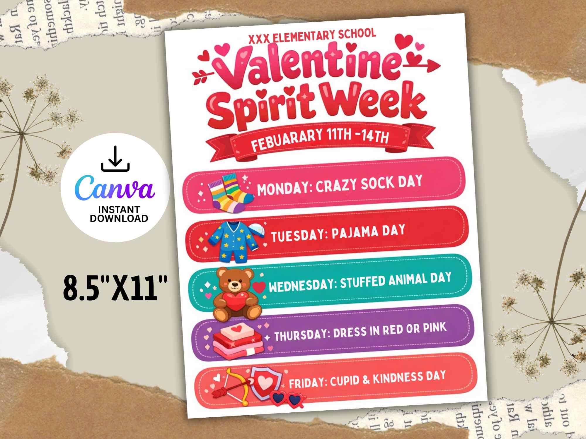 Editable Valentines Day Spirit Week Flyer Canva Template, School Spirit ...