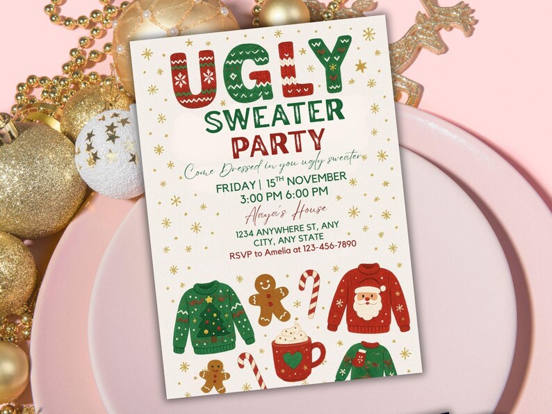 Editable Ugly Sweater Party Invitation, Elfed Up, Canva (digital ...