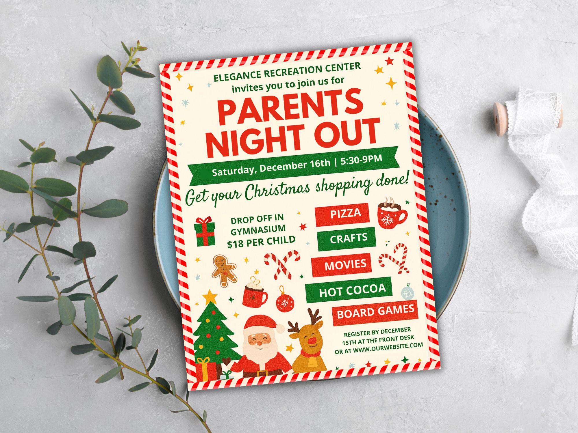Christmas Parents Night Out Flyer Template | Editable Church School PTO ...