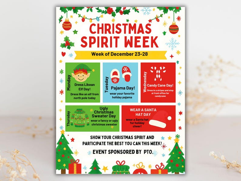 Christmas Spirit Week Flyer: School PTO Events (editable Canva Template ...