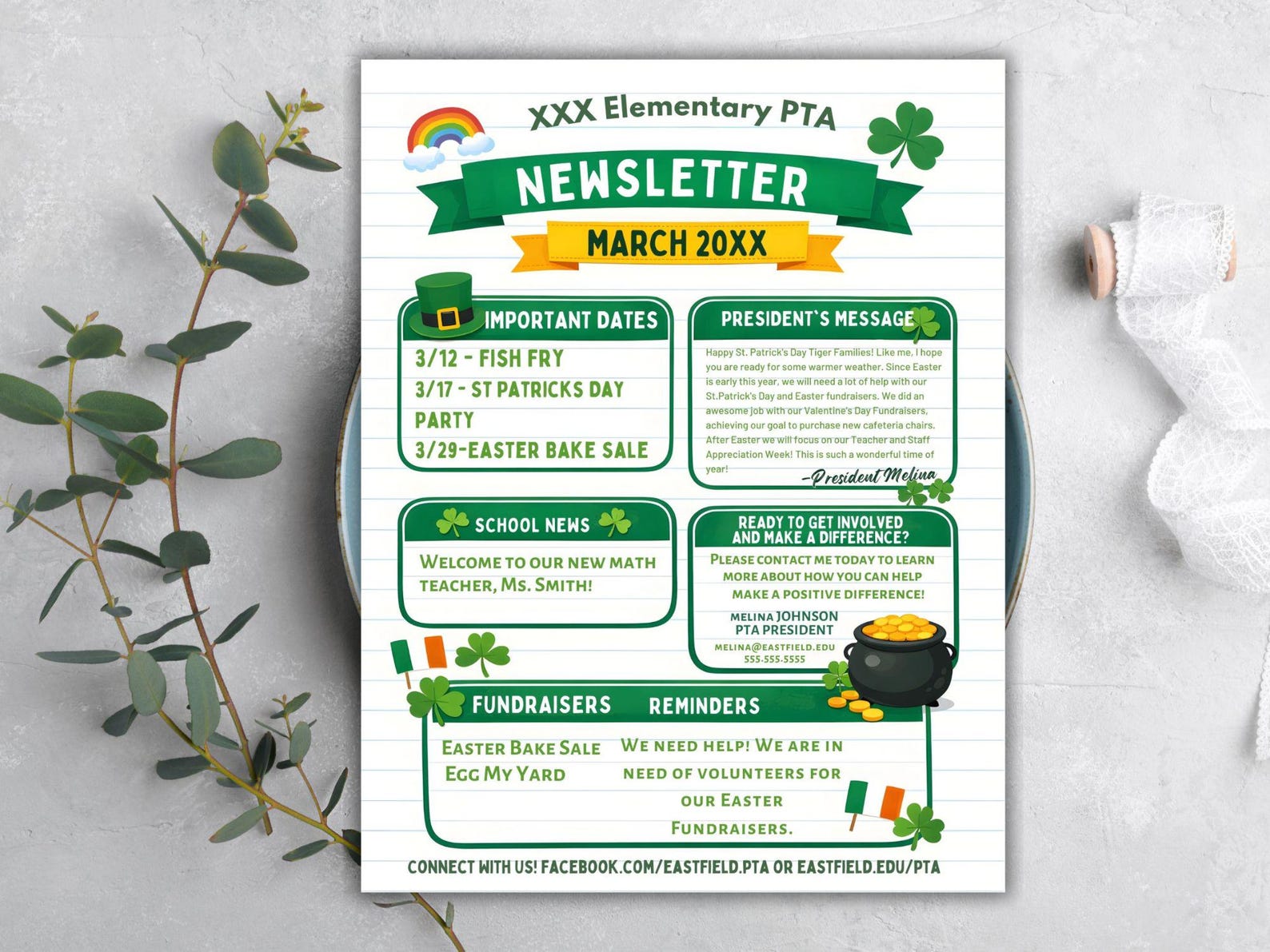 Editable March Newsletter Template, St Patricks PTO PTA School News ...