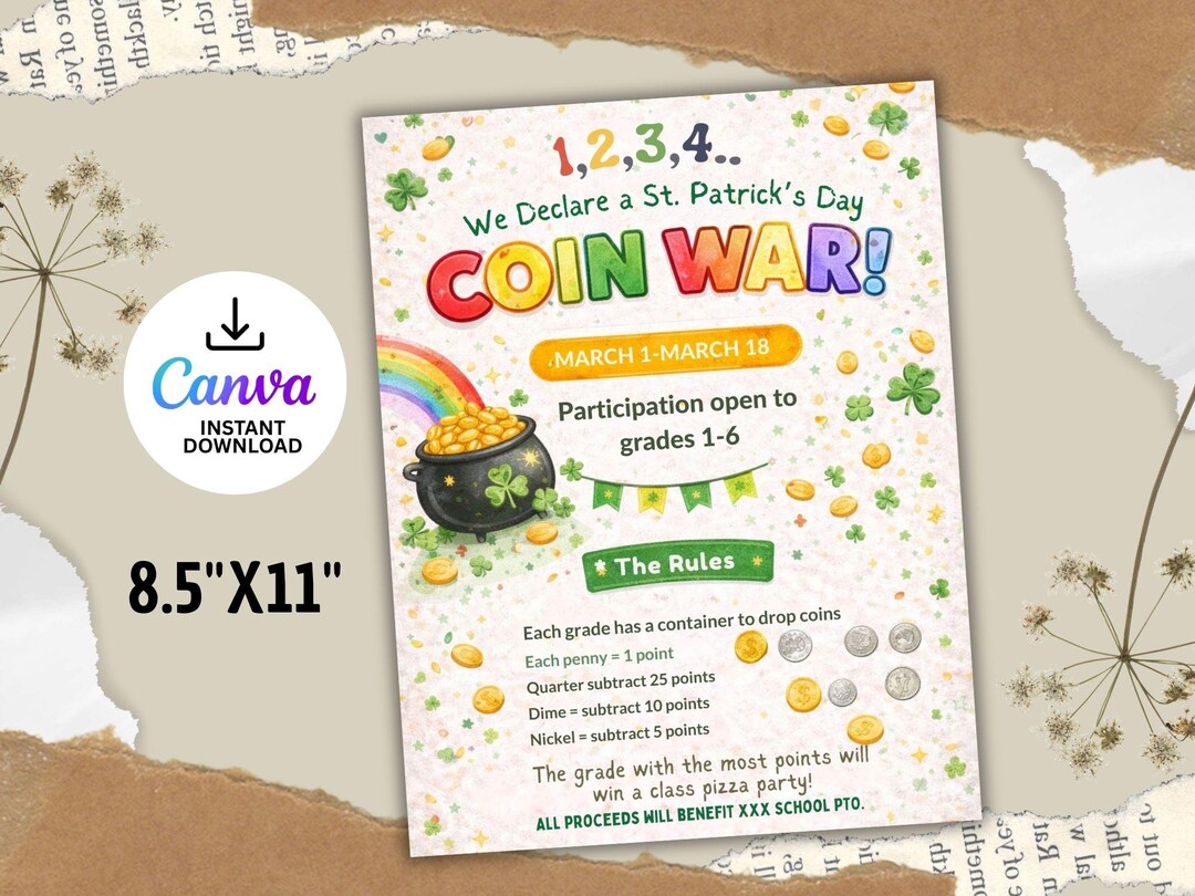 St. Patricks Day Coin War Flyer: School Fundraiser (CANVA Template ...