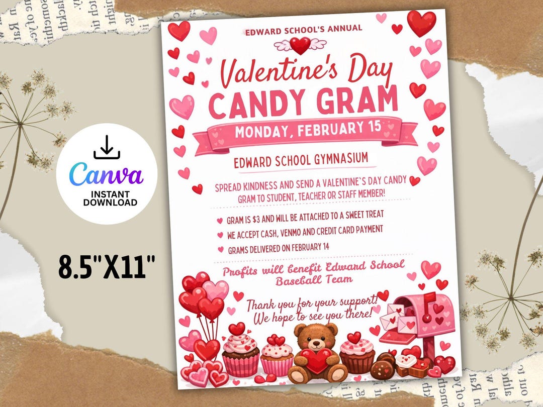 Editable Valentine's Day Candy Gram Flyer Template- Digital Printable ...
