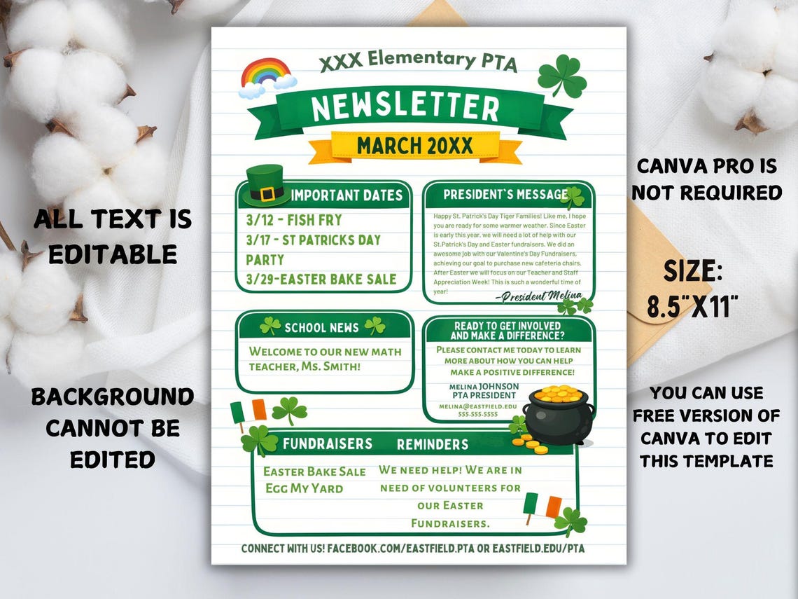 Editable March Newsletter Template, St Patricks PTO PTA School News ...