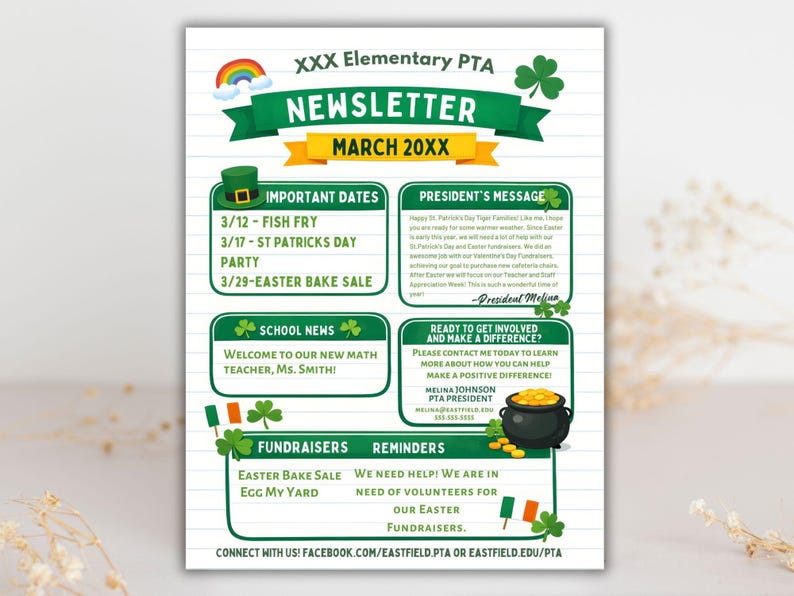 Editable March Newsletter Template, St Patricks PTO PTA School News ...