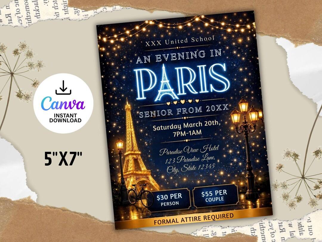 Paris Prom Flyer, School Dance Invite, Evening in Paris (5x7 Inches ...