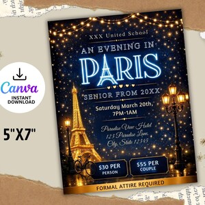 Paris Prom Flyer, School Dance Invite, Evening in Paris (5x7 Inches ...