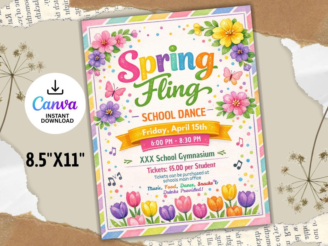 Spring Fling School Dance Invitation, Editable Canva Template (5x7 ...