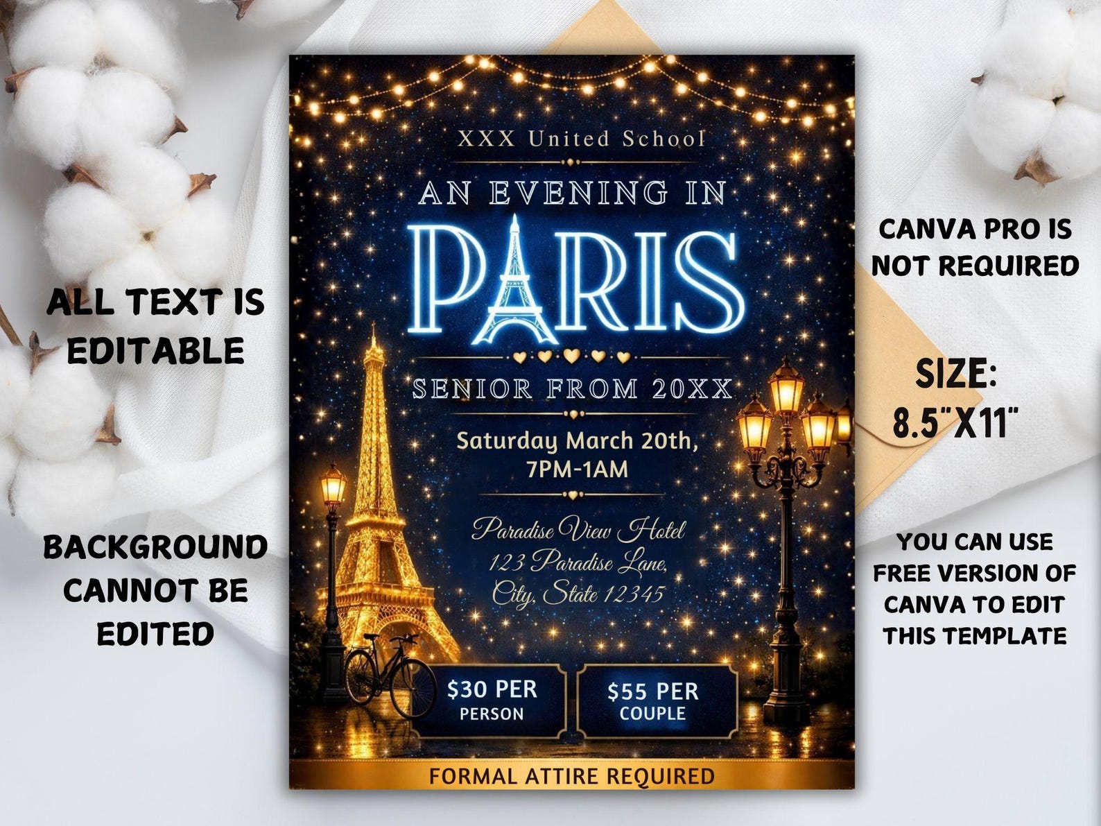Paris Prom Flyer, School Dance Invite, Evening in Paris (5x7 Inches ...