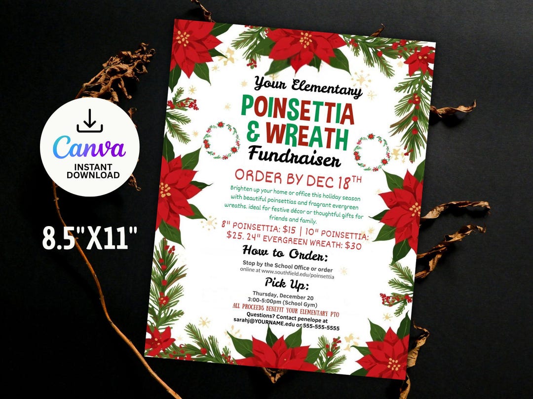 Editable Poinsettia & Wreath Flyer | Christmas Fundraiser Poster (canva ...