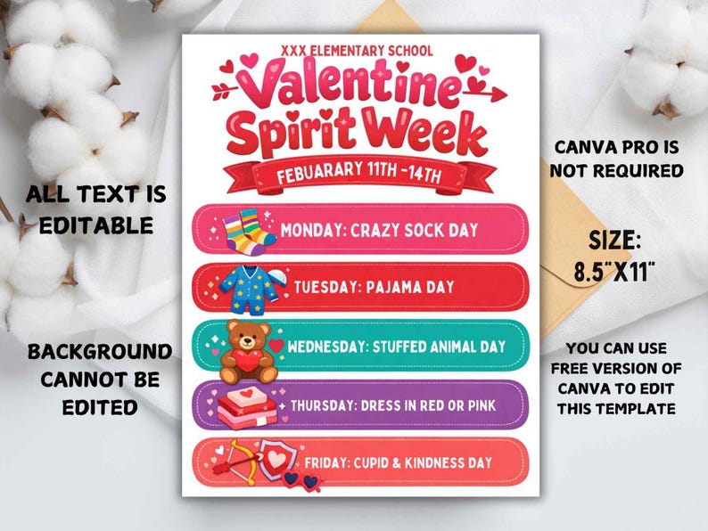 Editable Valentines Day Spirit Week Flyer Canva Template, School Spirit ...
