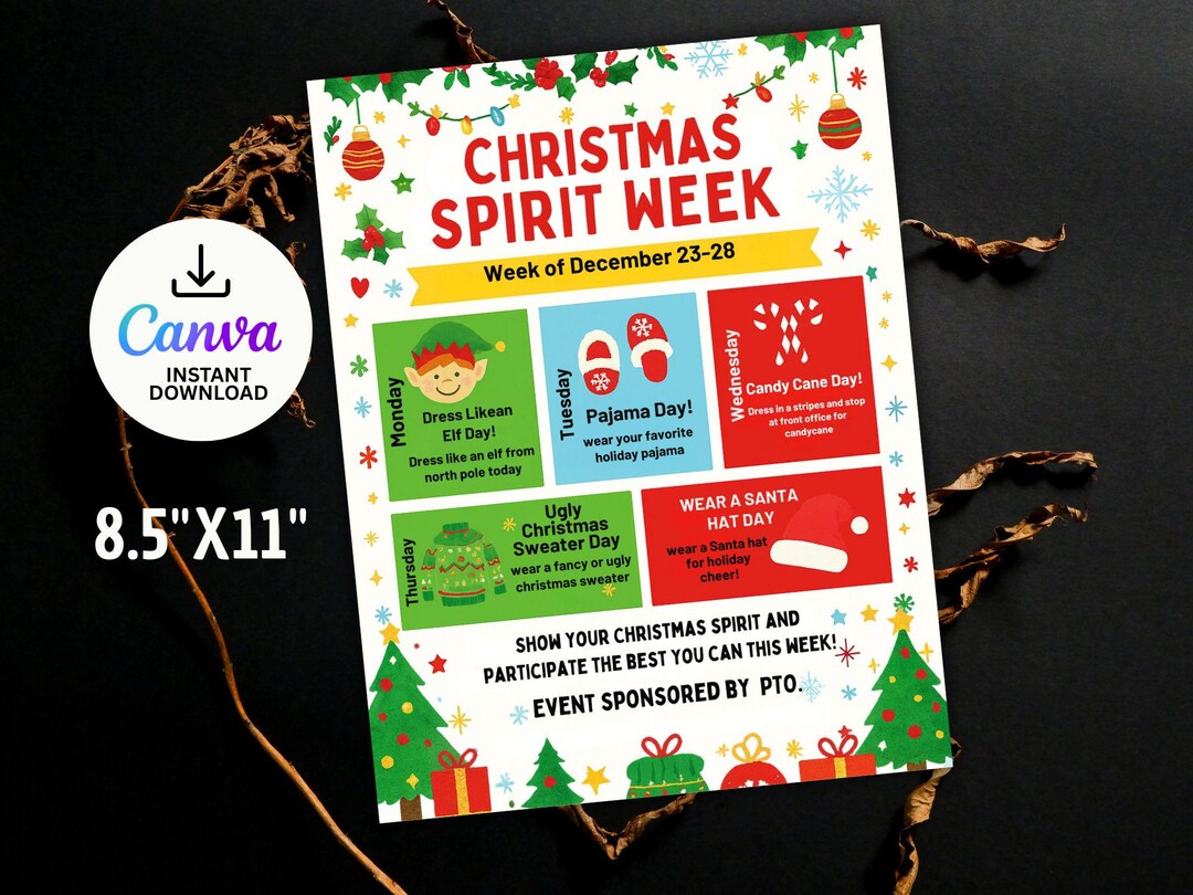 Christmas Spirit Week Flyer: School PTO Events (editable Canva Template ...