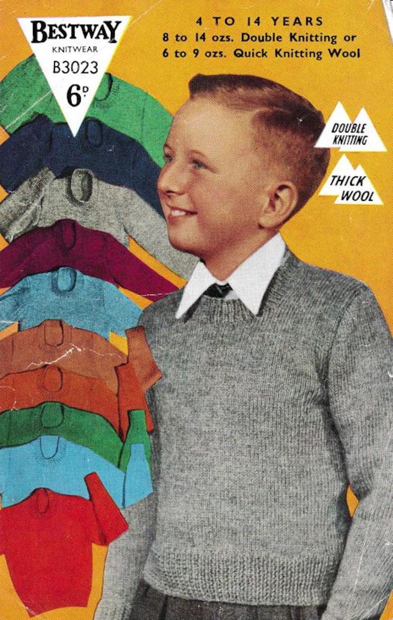 Vintage Boys Pullover Knitting Pattern: Bestway B3023, 5 Sizes (PDF ...