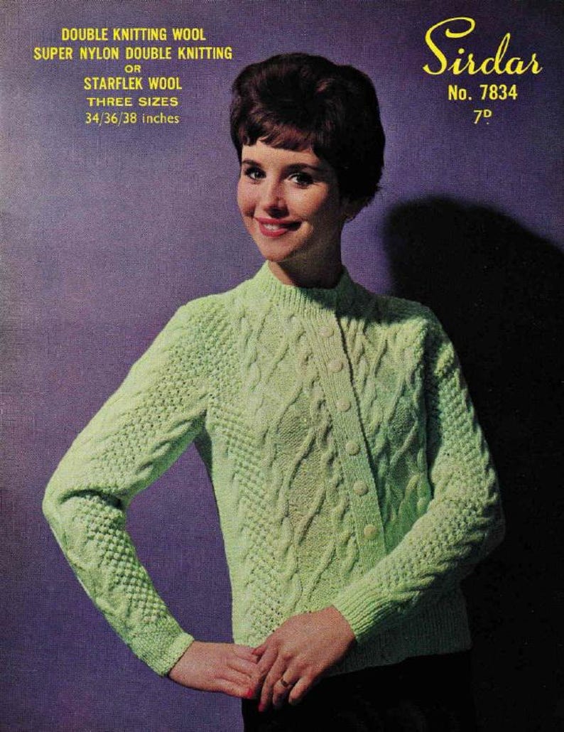 Vintage Aran Cardigan Knitting Pattern PDF | Sirdar 7834 | Women’s 34–40” Bust | Cabled Front ...