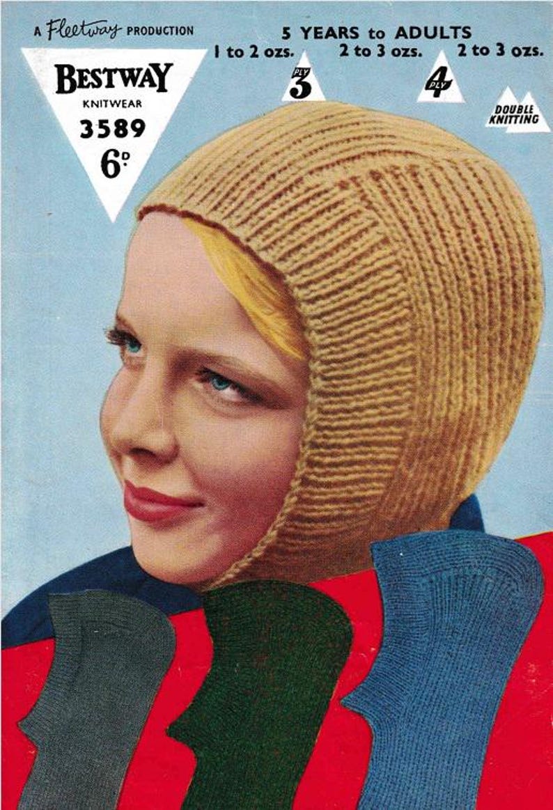 Vintage Balaclava Helmet Knitting Pattern PDF | 3 Sizes | 3-ply, 4-ply ...