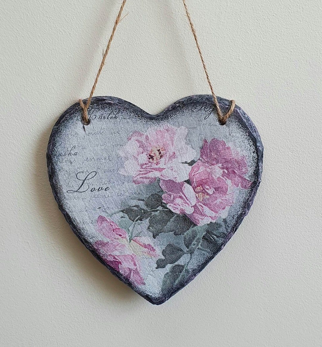 Decoupaged Hanging Slate Heart 15 Cm Wall Decor Wall Hanging Natural ...