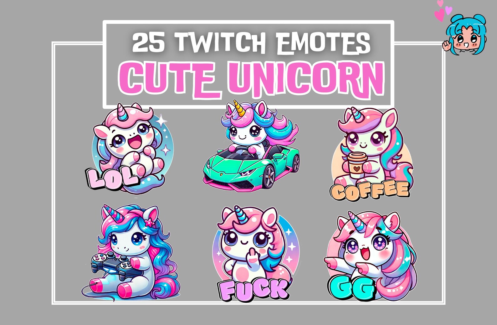 25 Cute Unicorn Emotes | Twitch Emotes | Text Emotes | Emotes Pack ...
