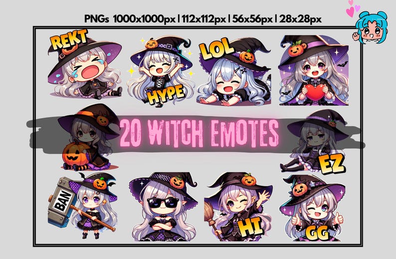 20 Twitch Emotes | Chibi Witch Emotes | Halloween Emotes | Witch Emotes ...
