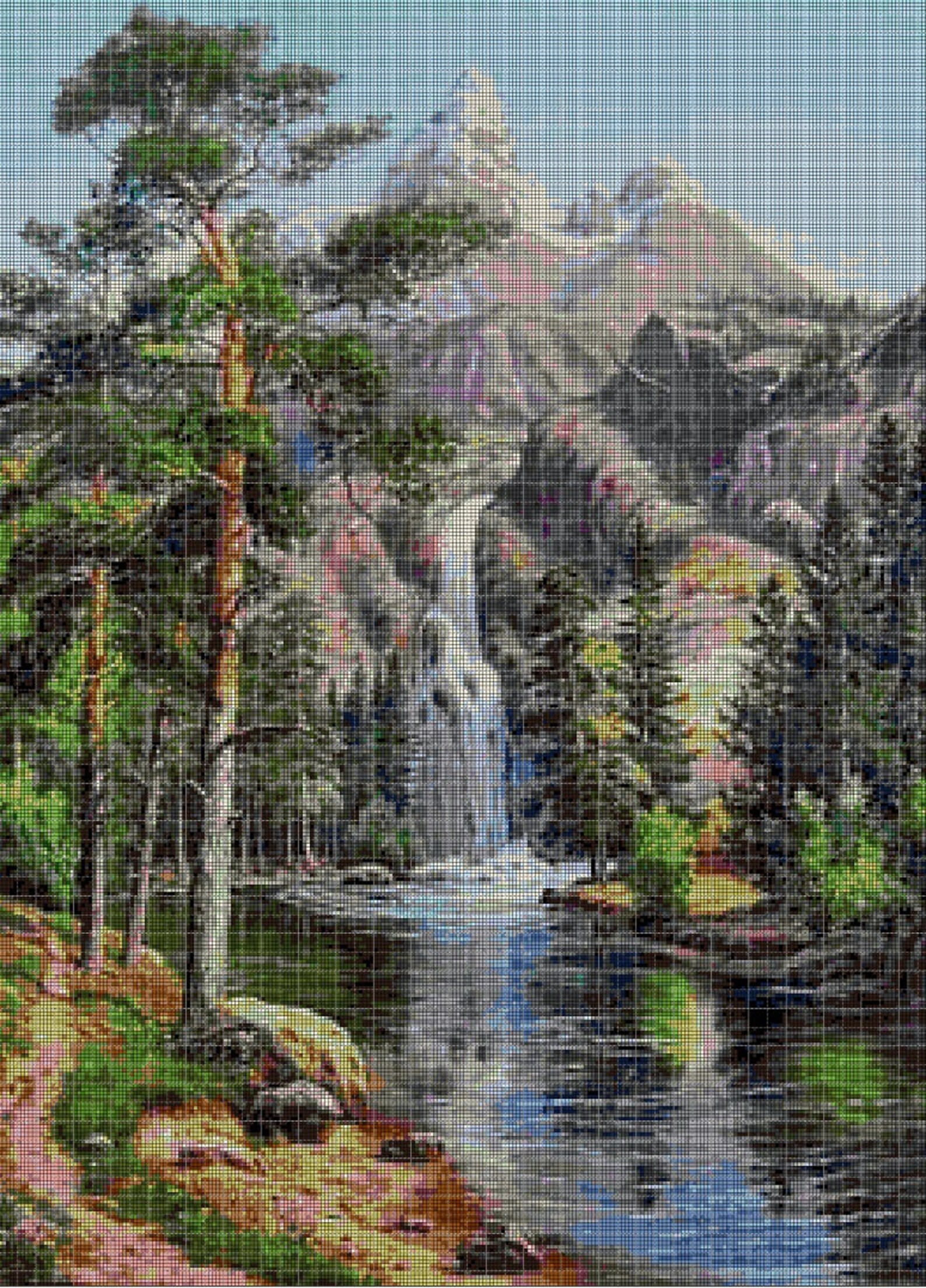 Landscape With Waterfall Cross Stitch Pattern in Pdf DMC - Etsy
