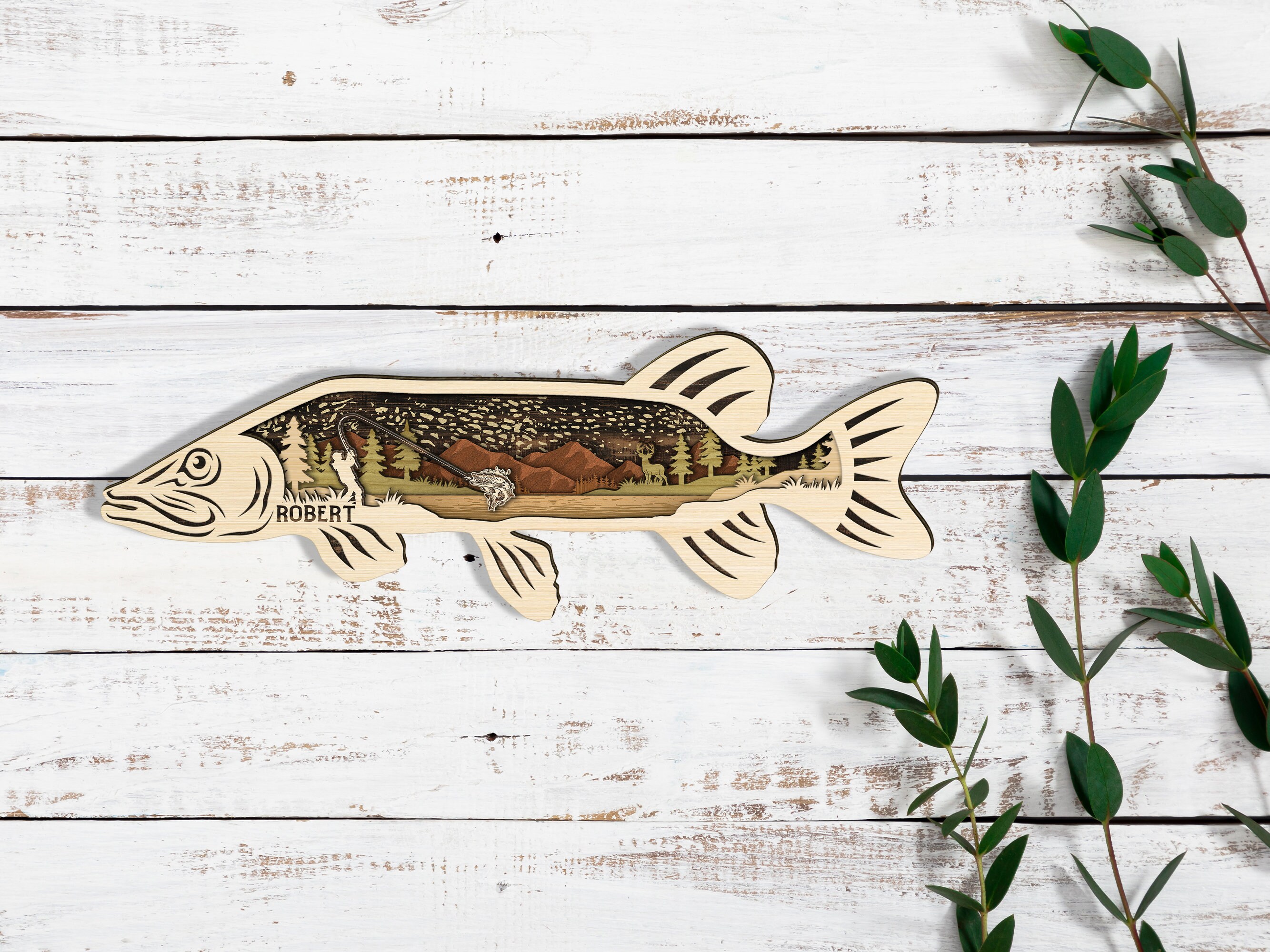 Personalized Pike Fishing 4 Layer Wooden Art Decoration Fishing Home ...
