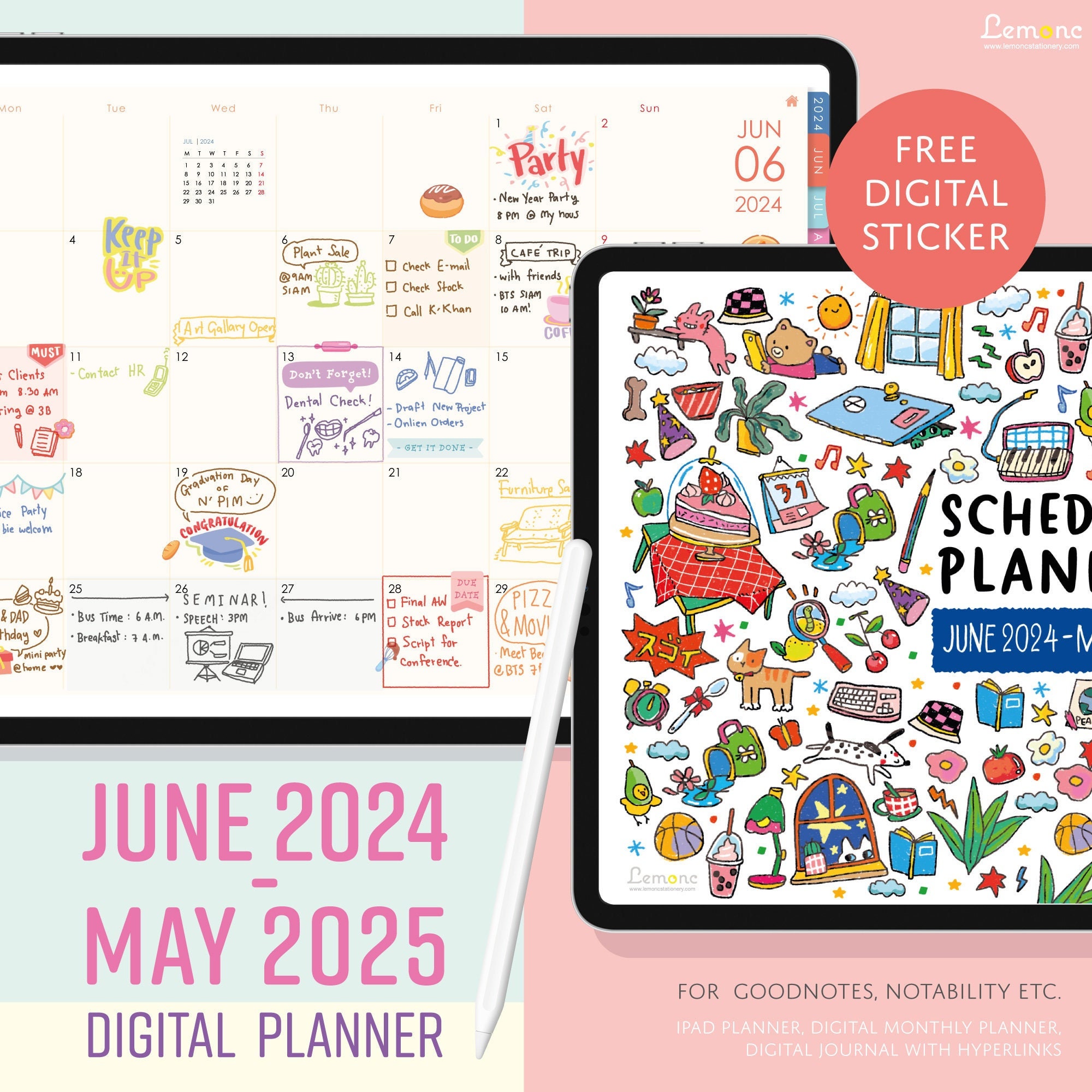 Lemonc : Monthly Planner JUNE 2024 MAY 2025, Digital Planner Goodnotes ...