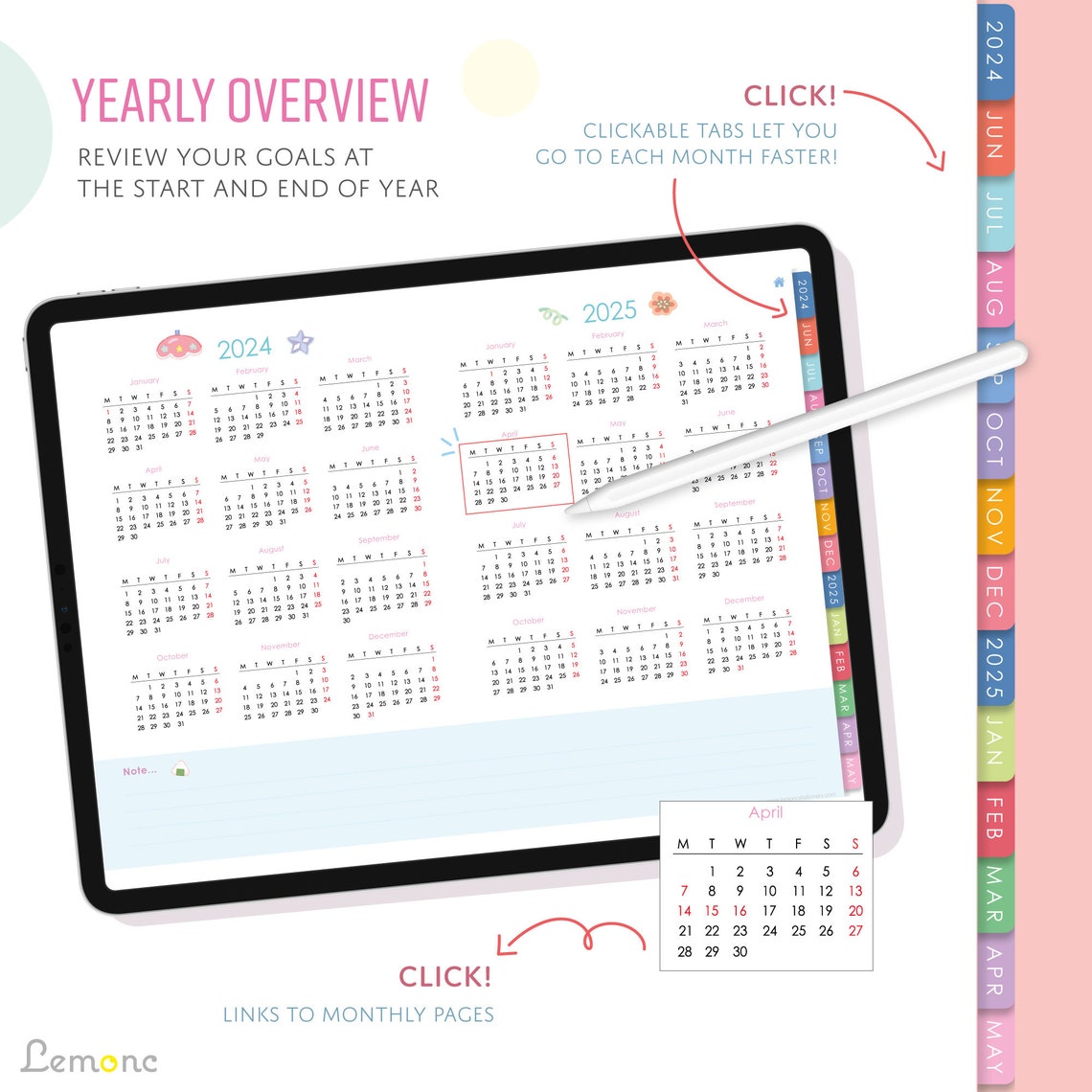 Lemonc : Monthly Planner JUNE 2024 MAY 2025, Digital Planner Goodnotes ...