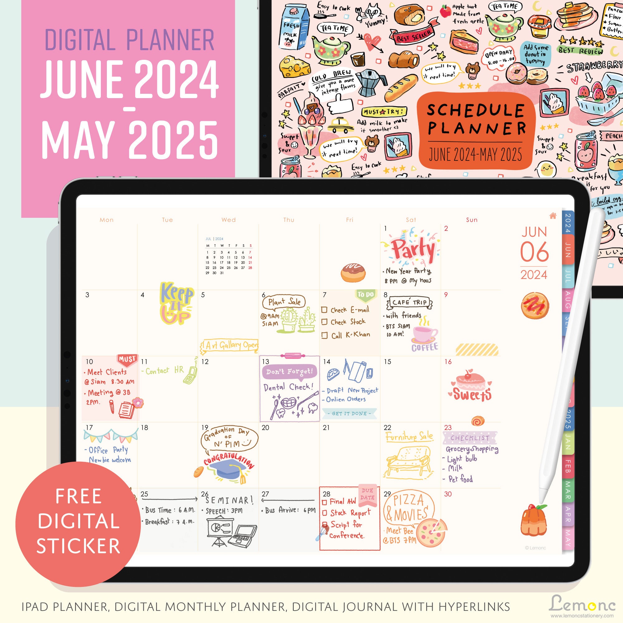 Lemonc : Monthly Planner JUNE 2024 MAY 2025, Digital Planner Goodnotes ...