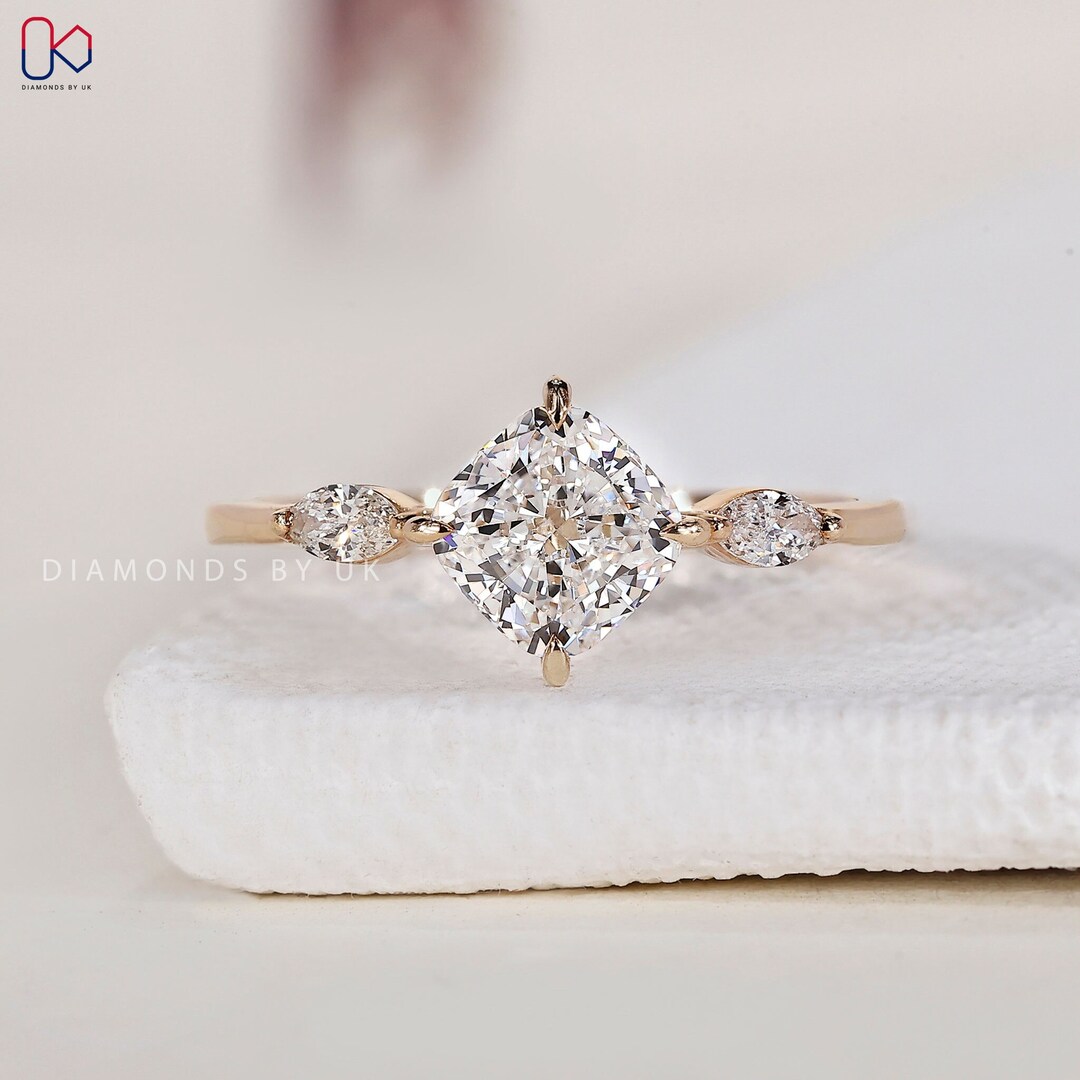 Lab Grown Diamond Engagement Ring Cushion Lab Diamond Ring Three ...