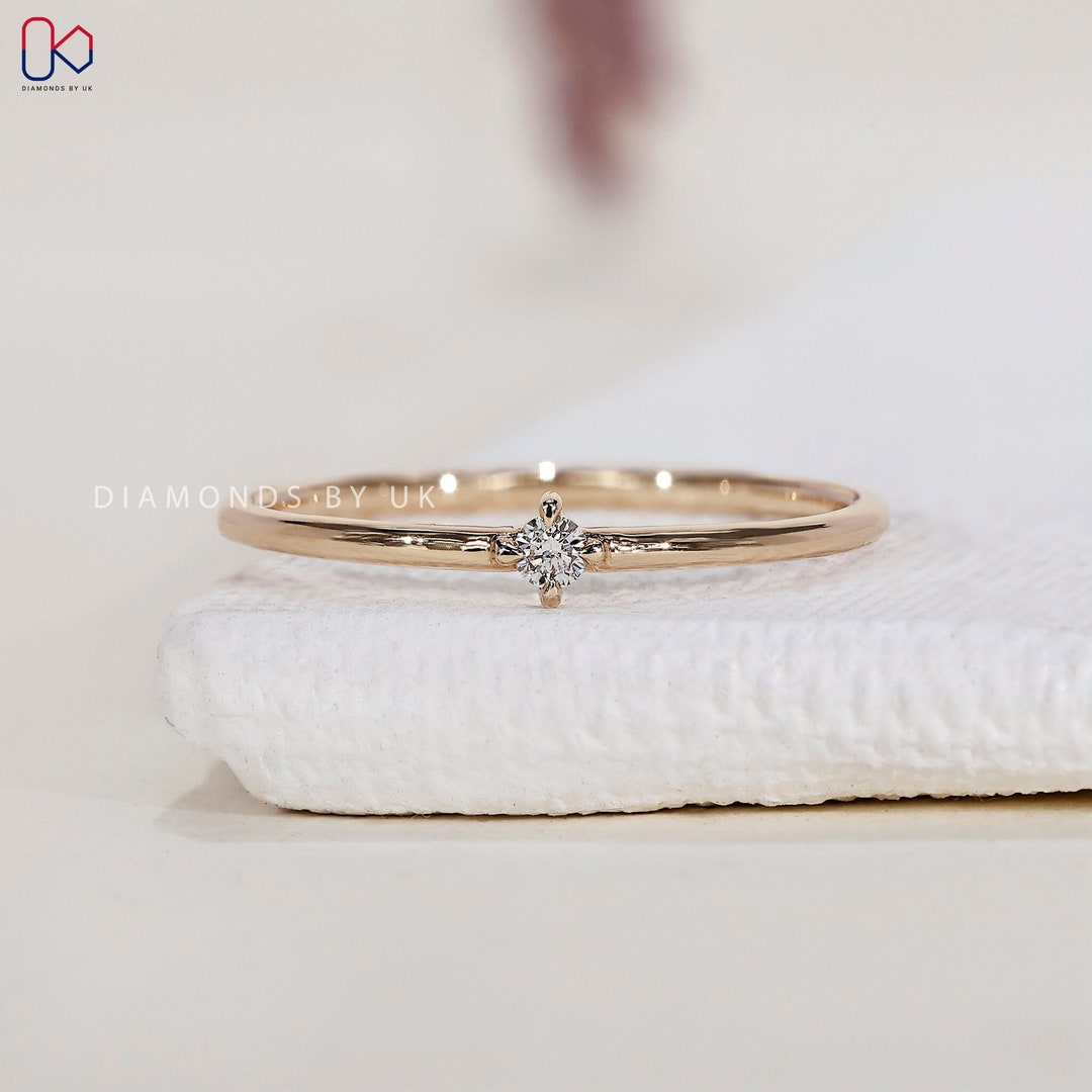 Solid Gold Basic Round Ring 14k Real Gold Tiny Solitaire Ring for Women ...