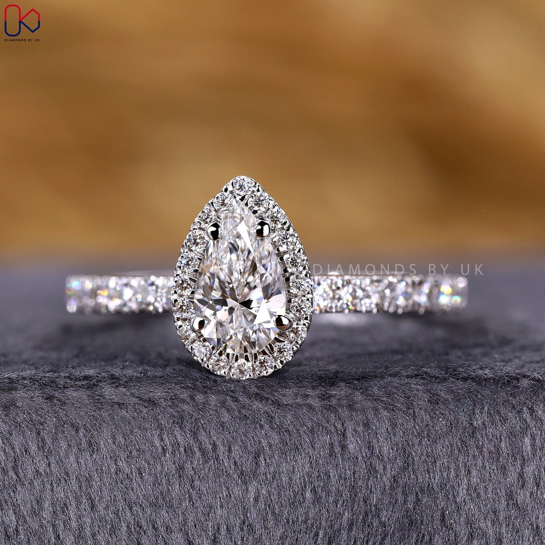 Pear Lab Grown Diamond Ring Pear Shaped Halo Engagement Ring Genuine ...