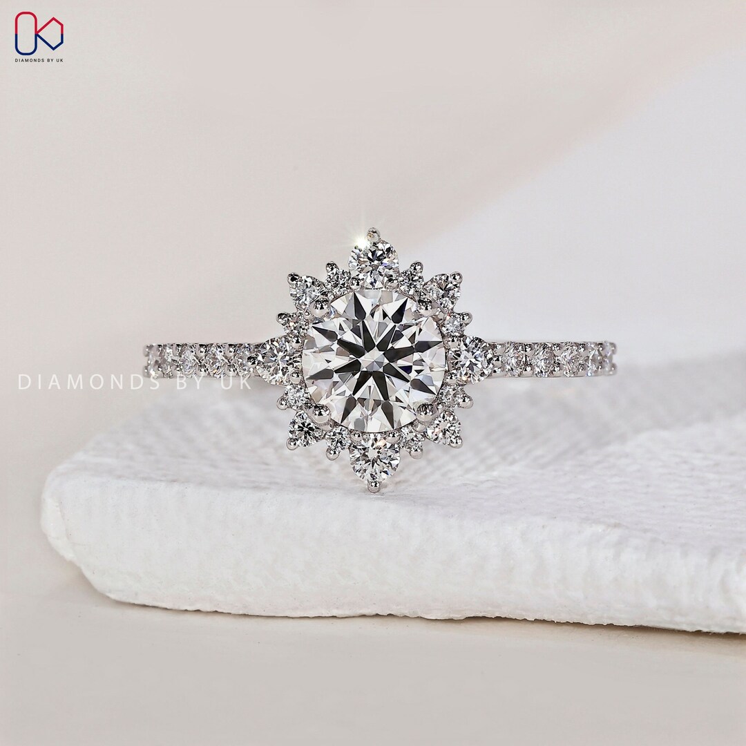 Buy Unique Halo Engagement Ring Round Lab Grown Diamond Ring Real Lab ...