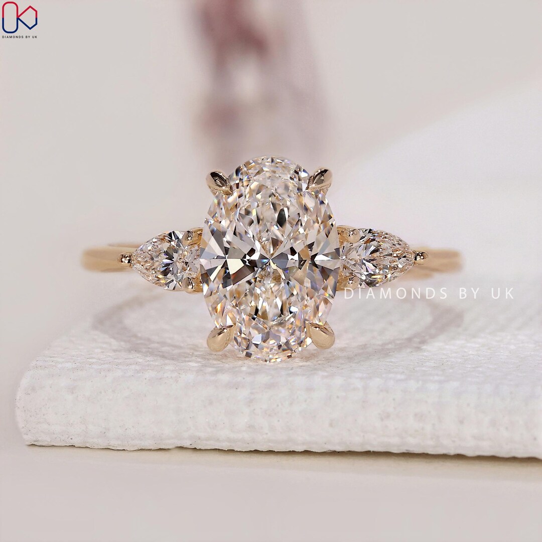 Three Stone Oval Diamond Ring Real Lab Grown Diamond Engagement Ring ...