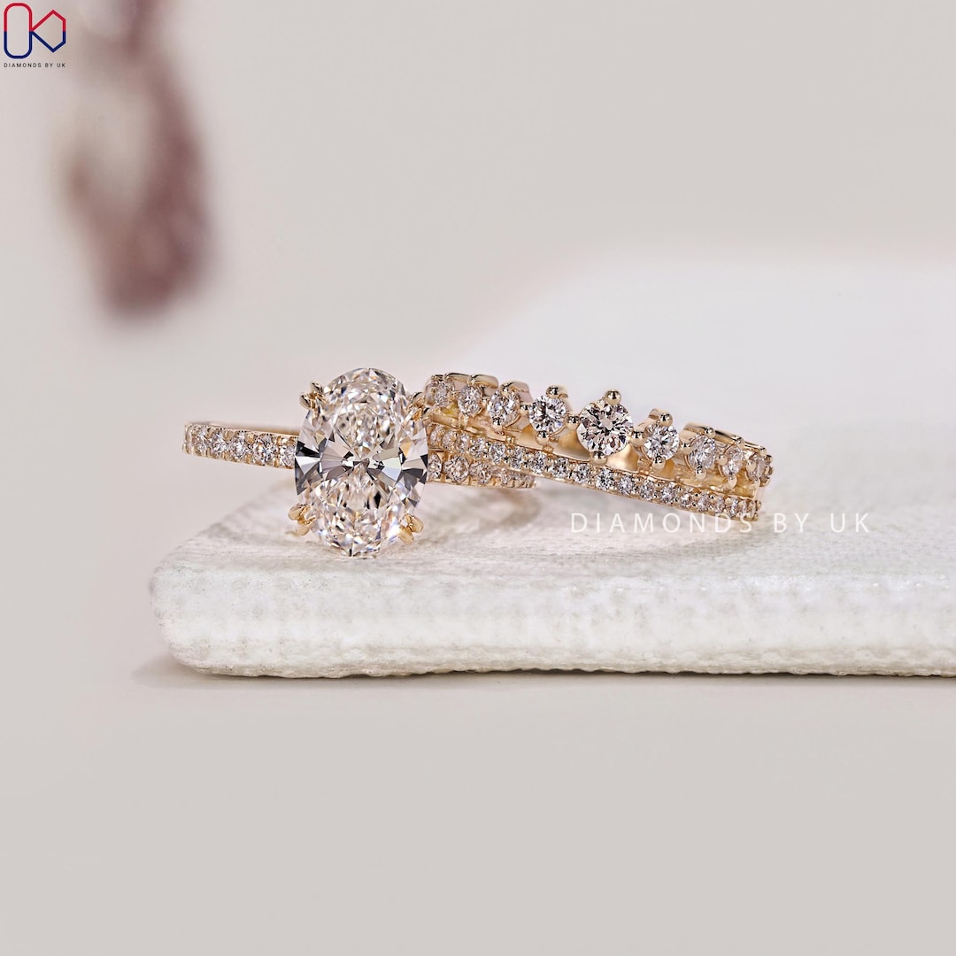 Oval Cut Diamond Wedding Ring Set Genuine Lab Grown Oval Engagement ...