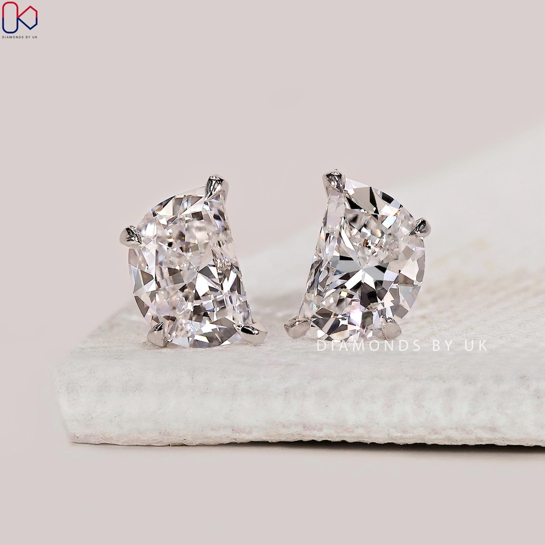 Half Moon Diamond Earrings Half Round Diamond Anniversary Gift for Wife ...