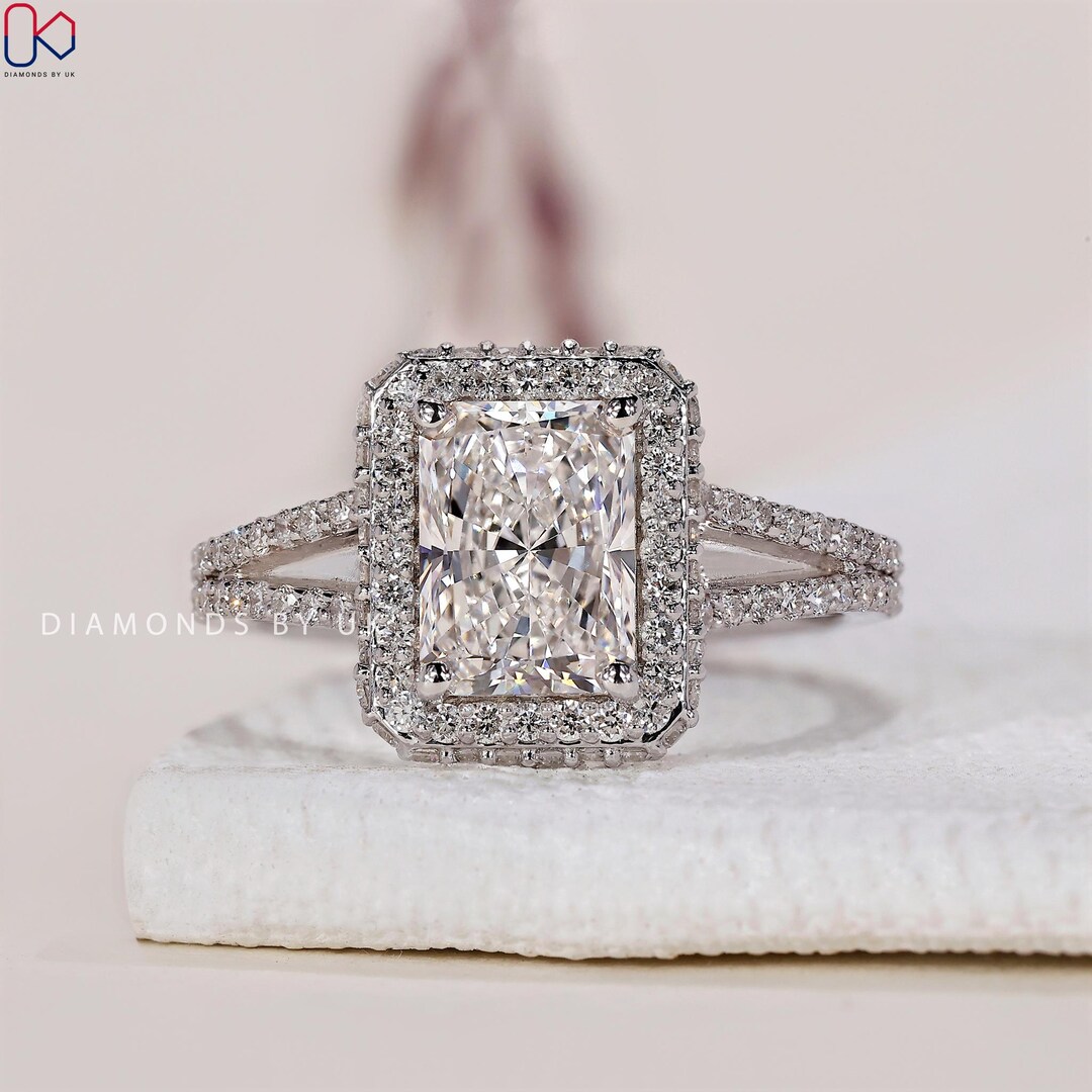 Radiant Diamond Halo Engagement Ring Real Lab Grown Diamond Ring Split ...