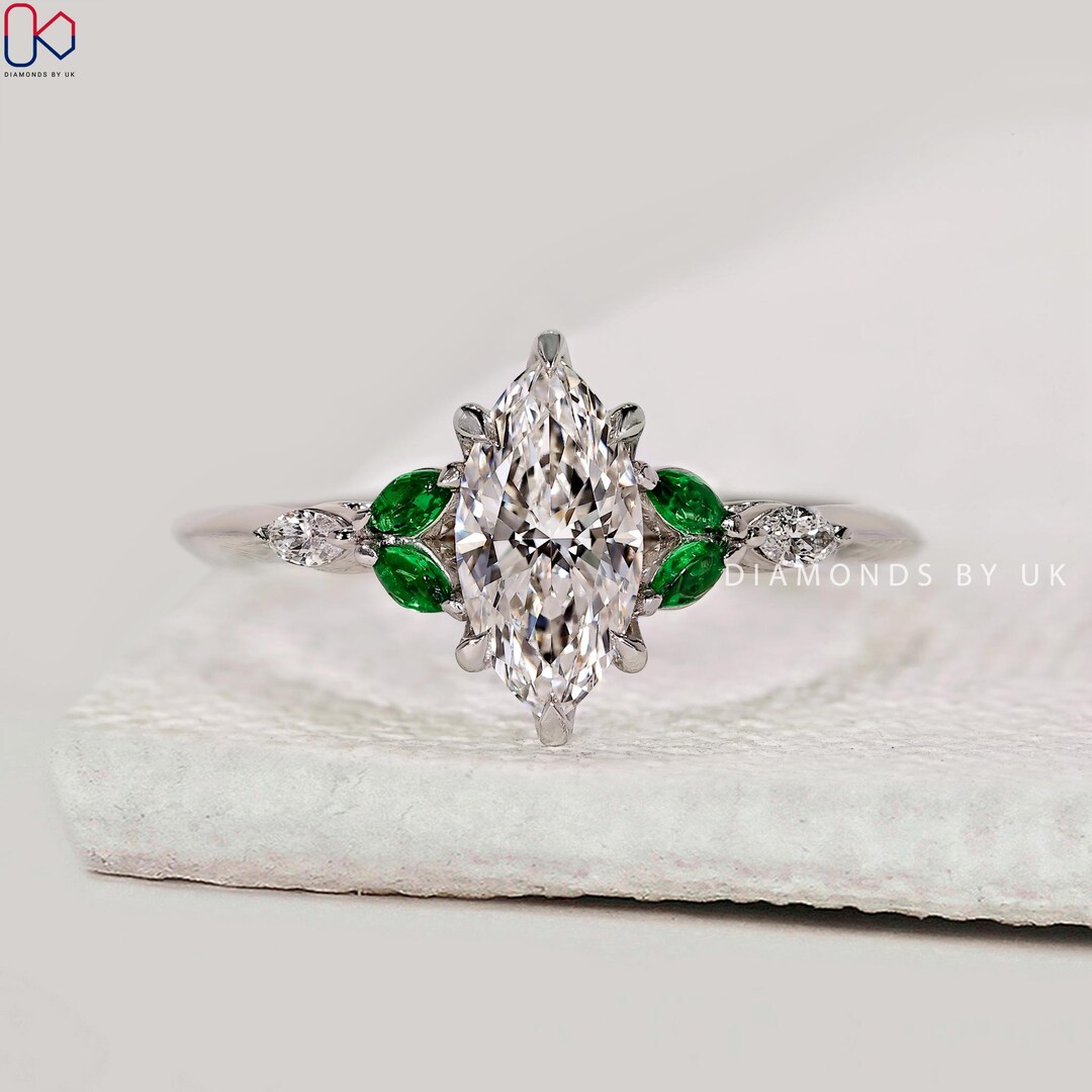 Marquise Diamond Nature Inspired Engagement Ring With Green Emerald ...
