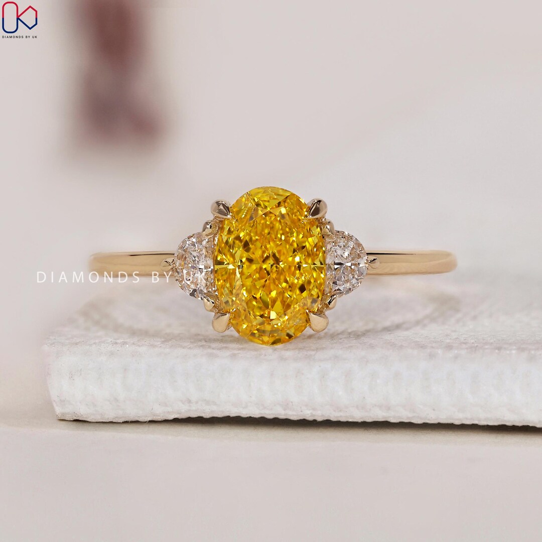 Yellow Diamond Engagement Ring Oval Diamond Trilogy Ring Real Lab Grown ...