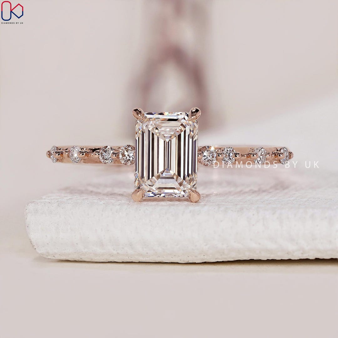 Emerald Cut Diamond Engagement Ring Lab Grown Diamond Ring Hidden Halo ...