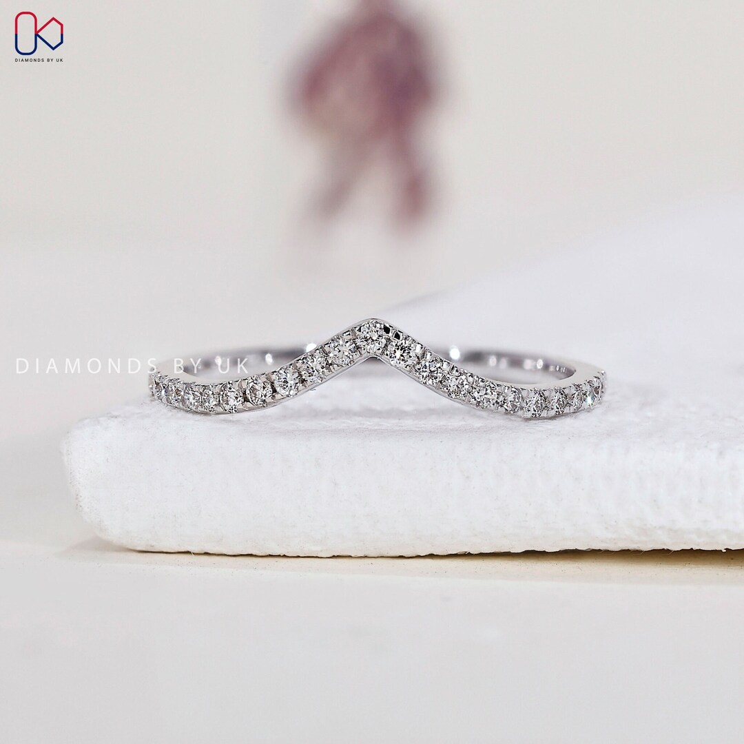 Custom Curved Diamond Ring Solid Gold Matching Wedding Band V Shape ...