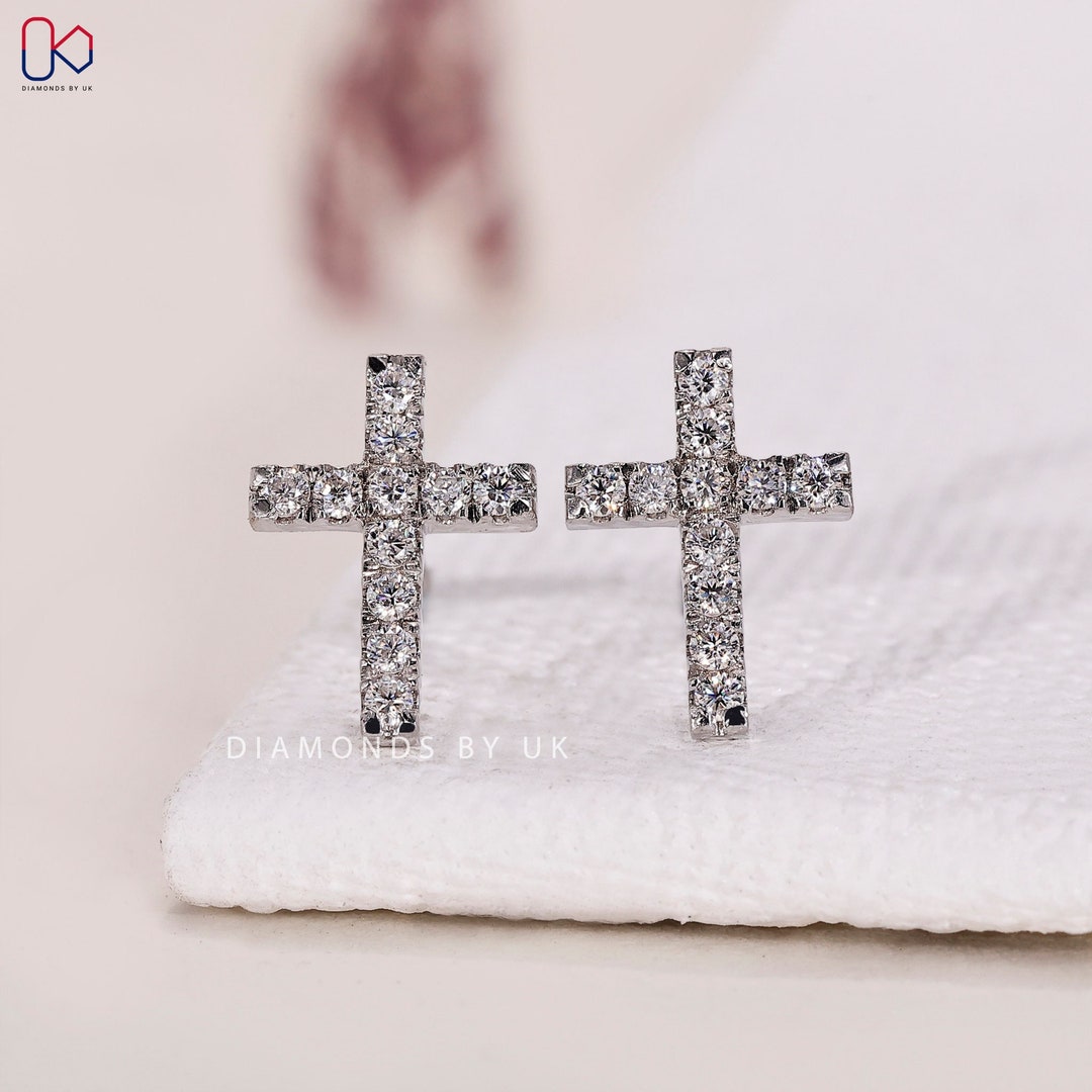 Diamond Cross Earrings Solid 10K 14K 18K Gold Earrings Religious ...