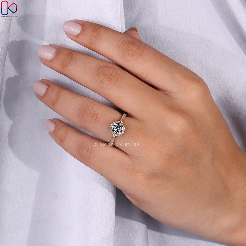 Halo Engagement Ring Round Lab Grown Diamond Ring Pave Diamond Wedding ...
