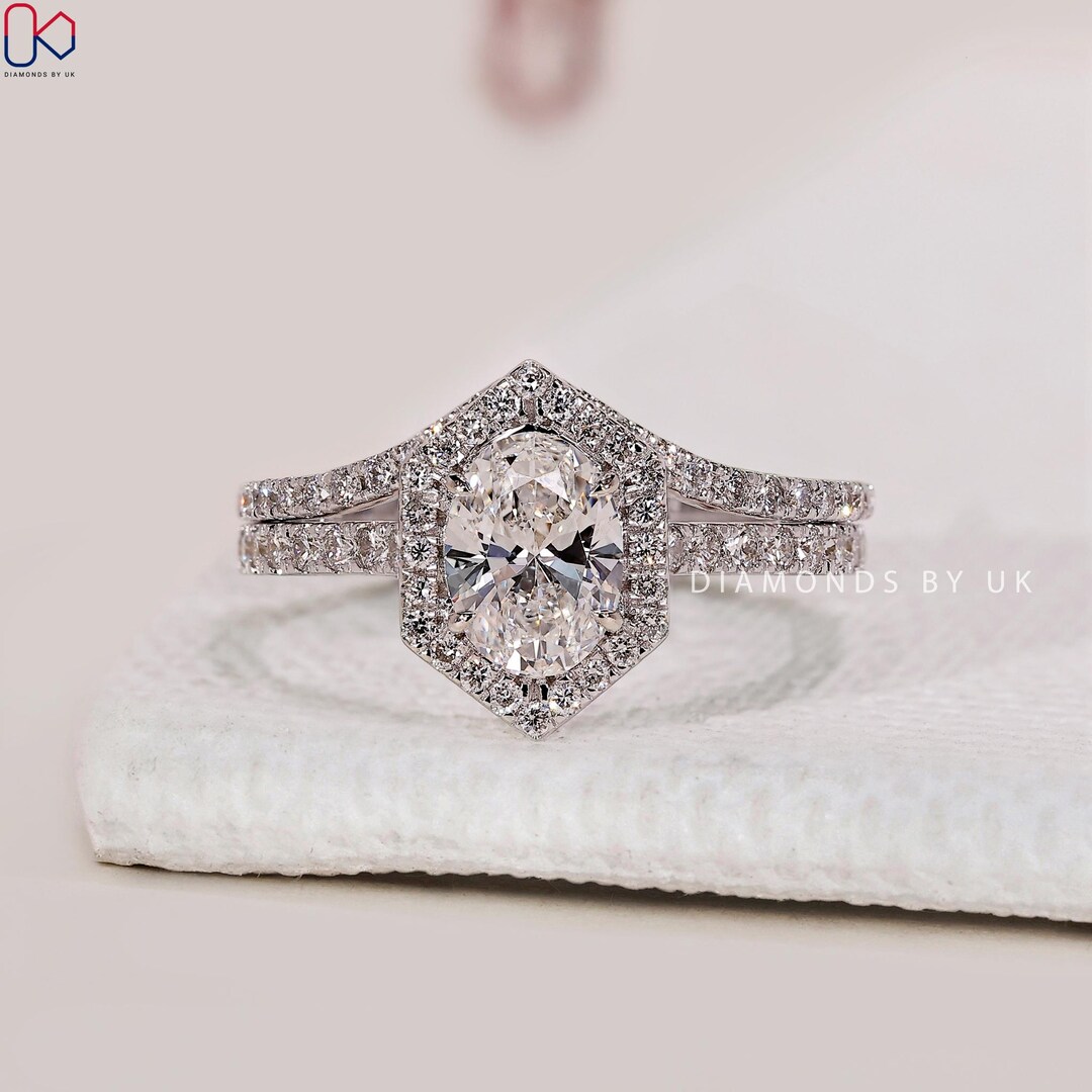 Real Lab Grown Diamond Engagement Ring Set Double Ring Set for Bride ...
