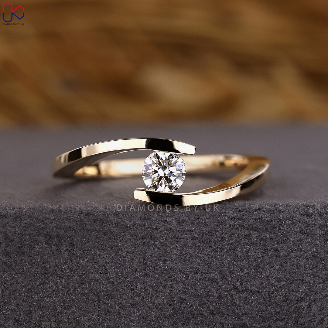 Round Lab Grown Diamond Engagement Ring Bypass Setting Wedding Ring ...