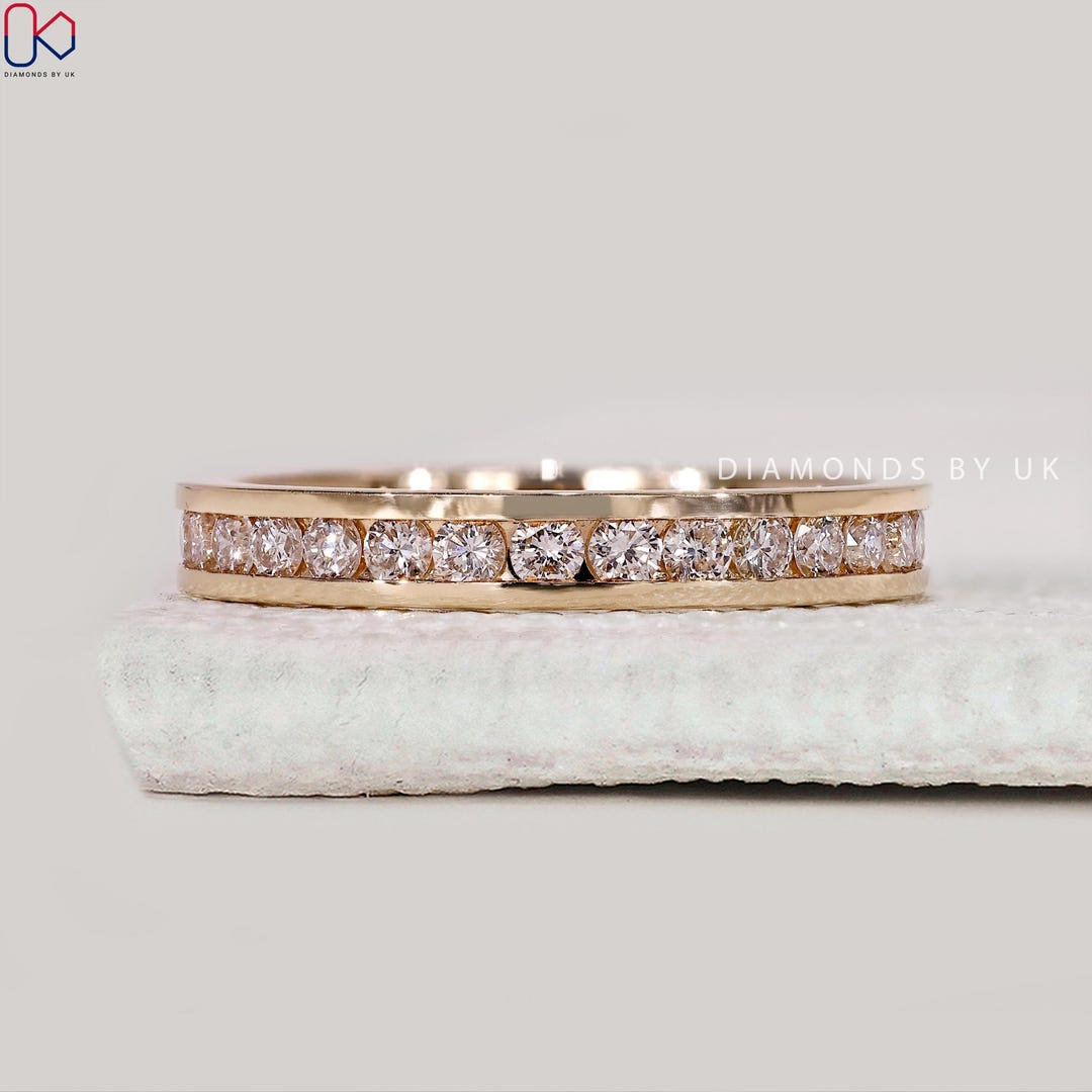 Channel Set Eternity Wedding Band Solid 10K 14K 18K Gold Ring Womens ...
