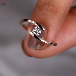 Round Lab Grown Diamond Engagement Ring Bypass Setting Wedding Ring Small Diamond Ring for ...