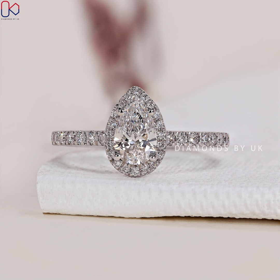 Pear Lab Grown Diamond Ring Pear Shaped Halo Engagement Ring Genuine ...