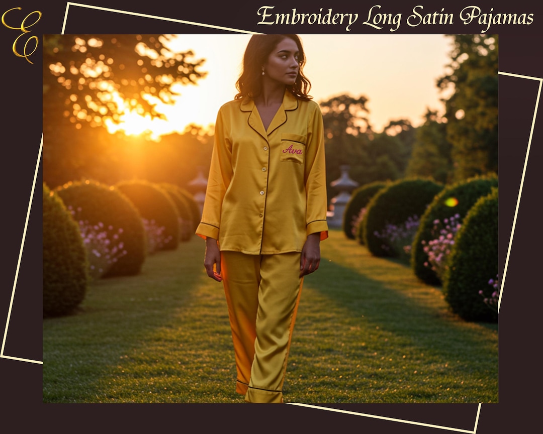 Luxury Satin Long Pajama Set With Custom Text Embroidery — Personalized ...