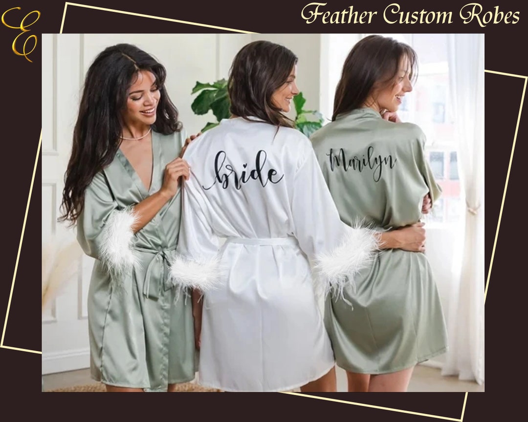 Dusty Rose Robe Feather Sleeve Robes Bridesmaid Feather Satin Robes ...
