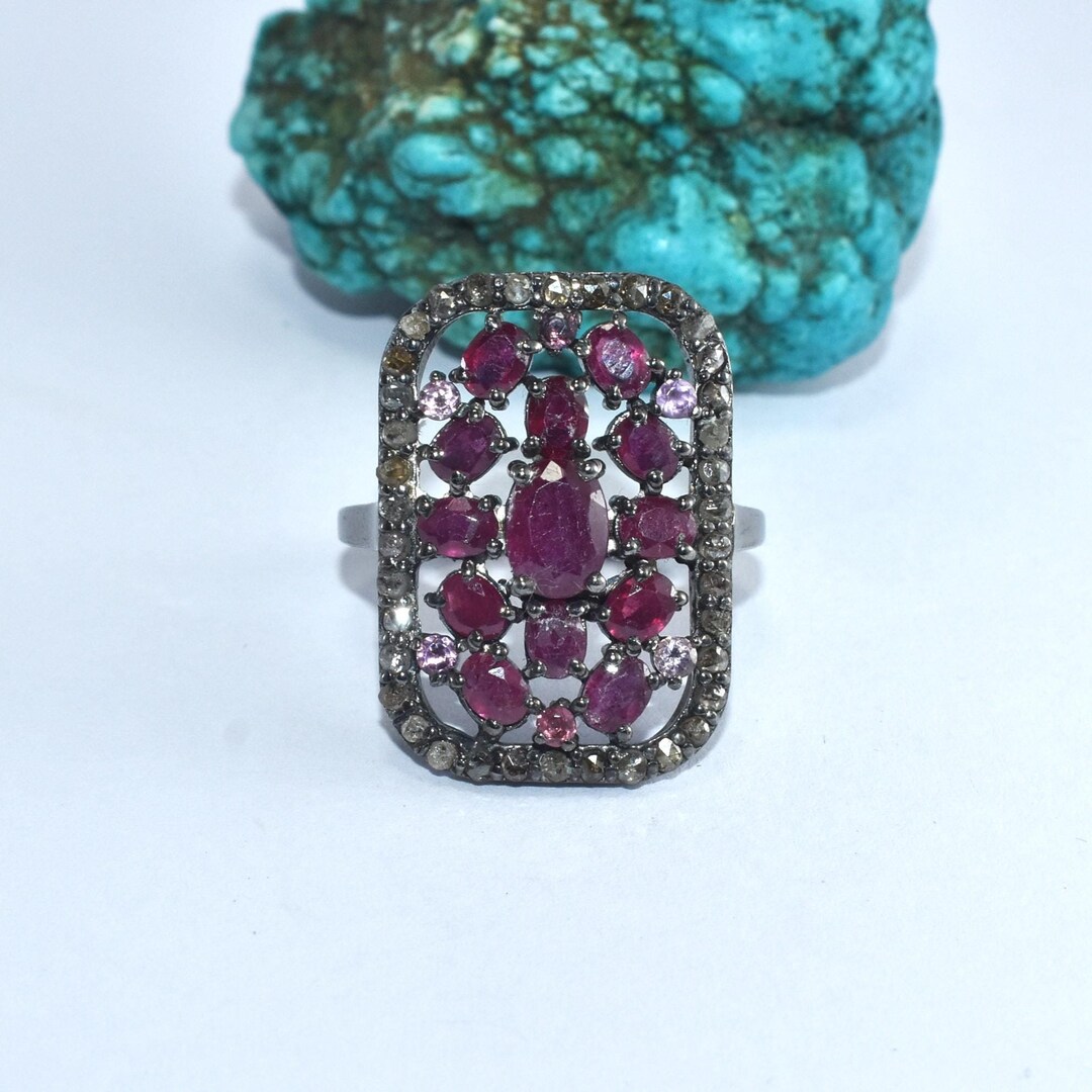 Dark Red Oval Cut Ruby Gemstone Ring 925 Sterling Silver With Pave ...